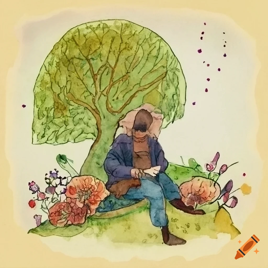 Hobo sitting in nature next to flowers and a tree watercolour and pencil
