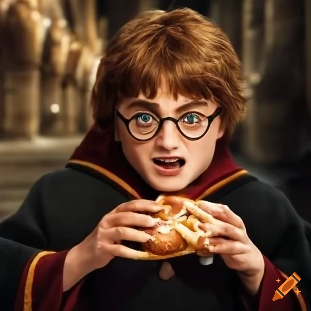 Harry potter standing in munich eating a pretzel on Craiyon