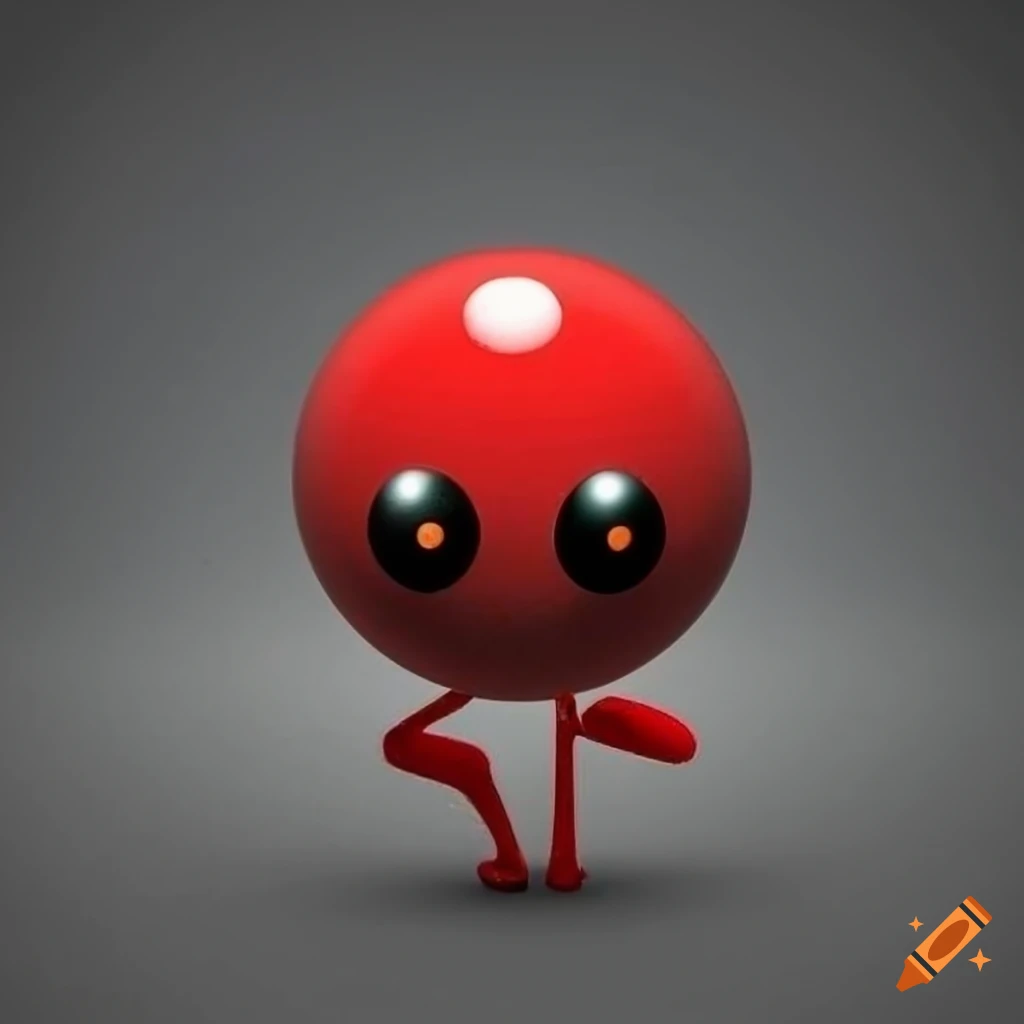Red cute sphere with black dot eyes, standing tall with two thick red legs