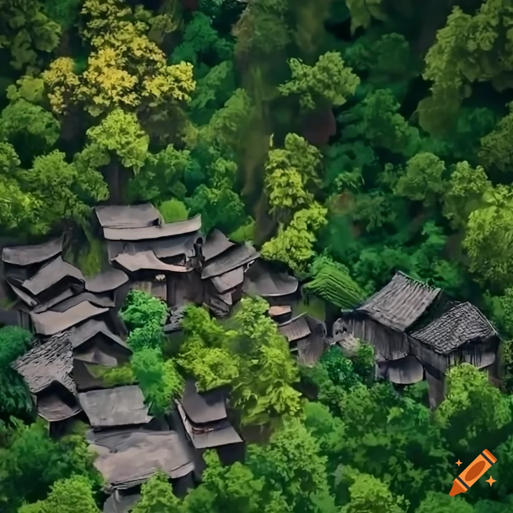 A detailed photo of a chinese traditional village divided by a river ...