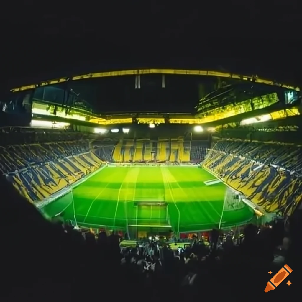 Bvb stadion with much fans in the stadion and a ball in the middel on ...