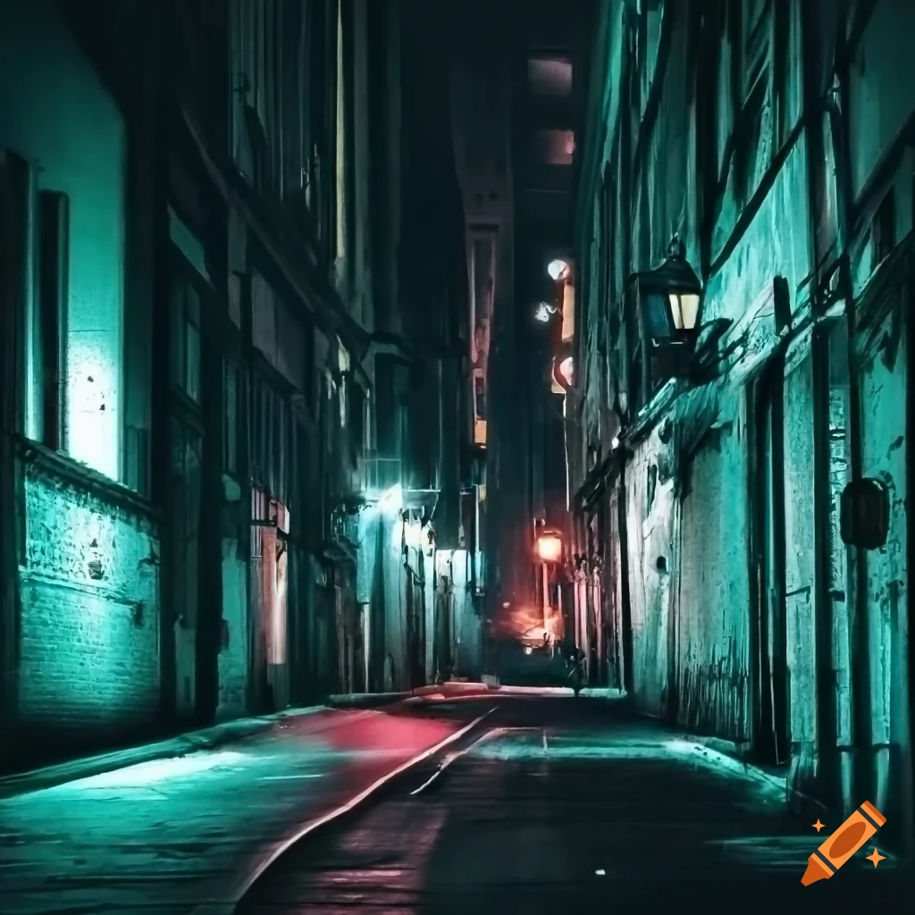 Moody alley at night, vintage cars and flickering streetlights on Craiyon