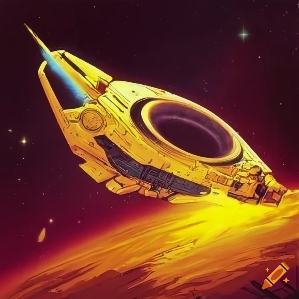 70s sci fi yellow spaceship art on Craiyon