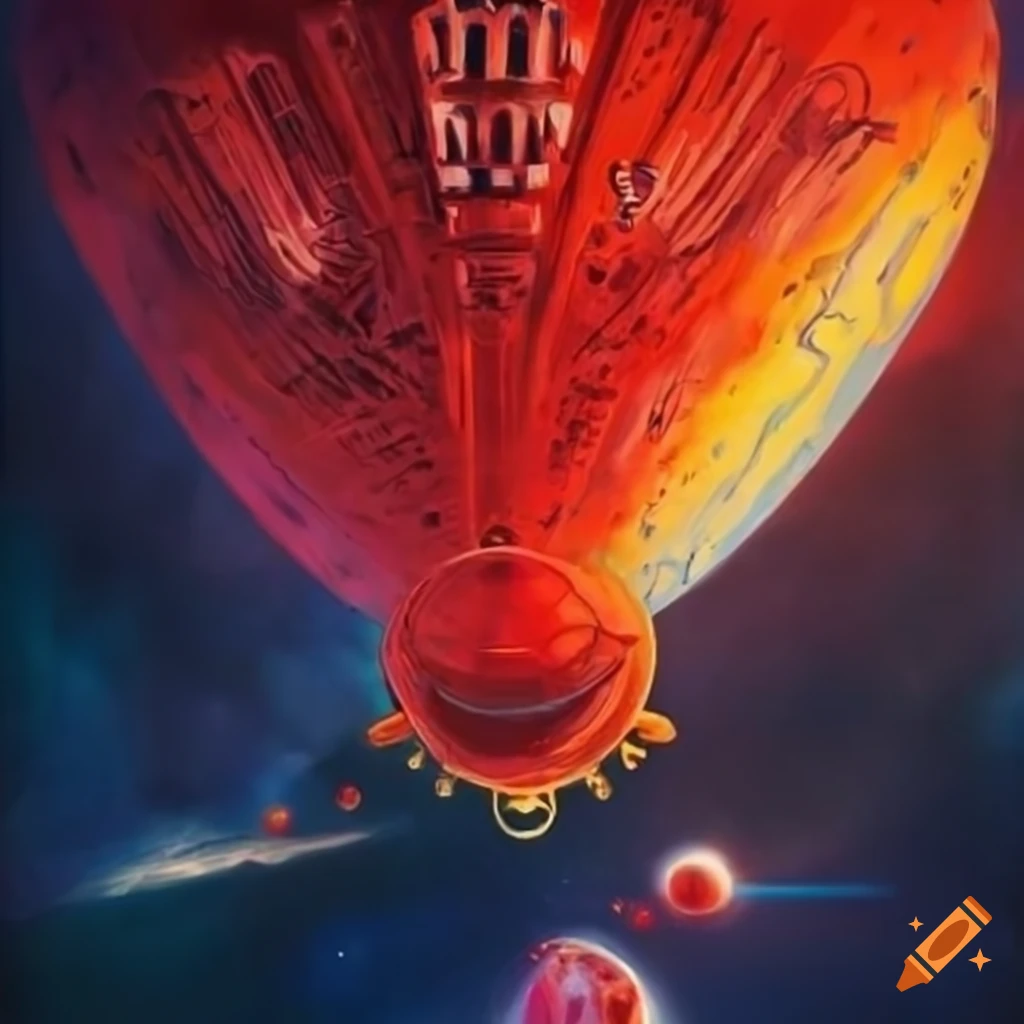 70s sci fi red blimp art on Craiyon