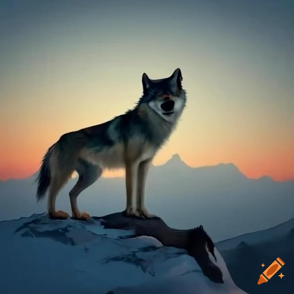 A wolf staring into the horizon onto of a mountain on Craiyon