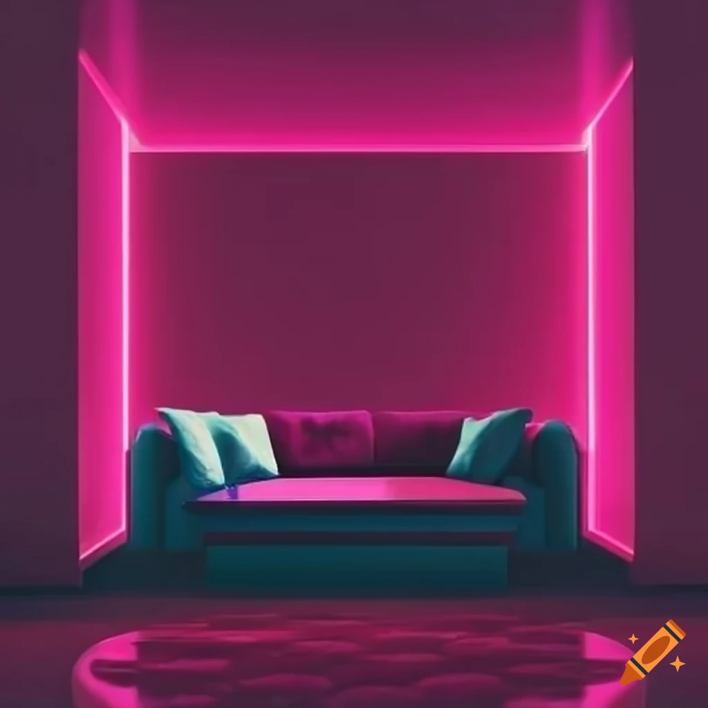 Big neon liminal space with maroon couch and maroon tables on Craiyon