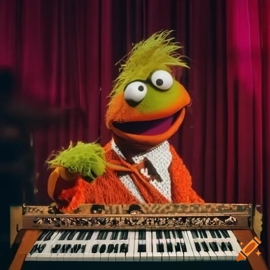 A Muppet show production still of a gecko Muppet playing synthesizers ...