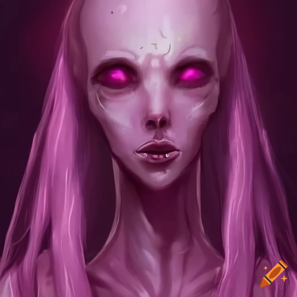 An alien, white eyes, dark pink skin, translucent skin, wearing arabian ...