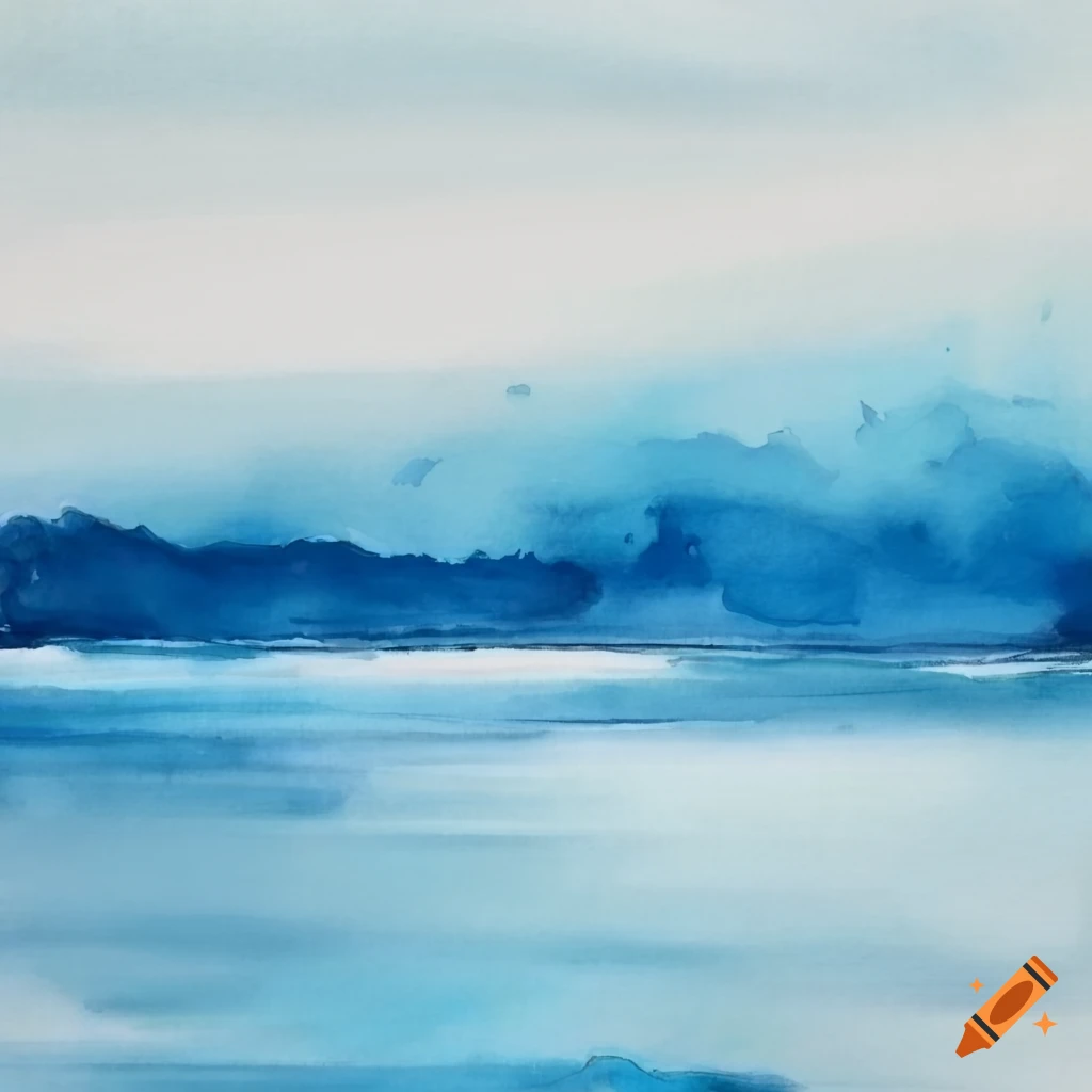 Blue coastal landscape watercolor painting