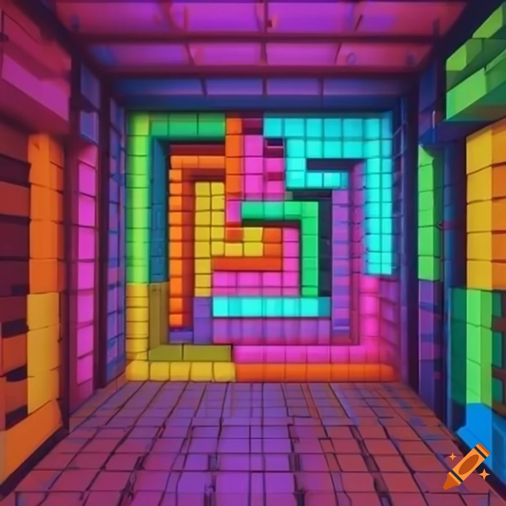 A square tunnel made out of tetris pieces in a retro style