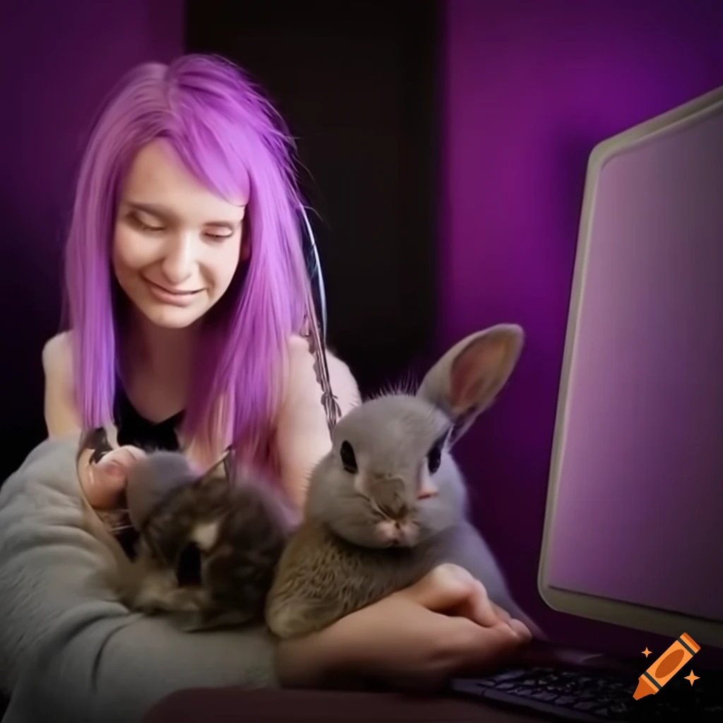 Purple haired women with two baby rabbits on her lap sitting at a computer on Craiyon