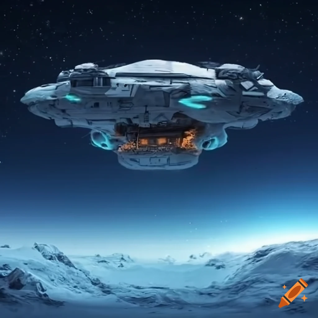 A stunning spaceship on a frozen planet surrounded by comets on Craiyon