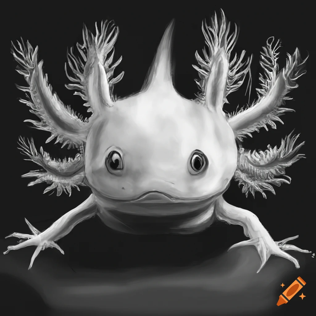 Monochrome draw of an axolotl's face on Craiyon