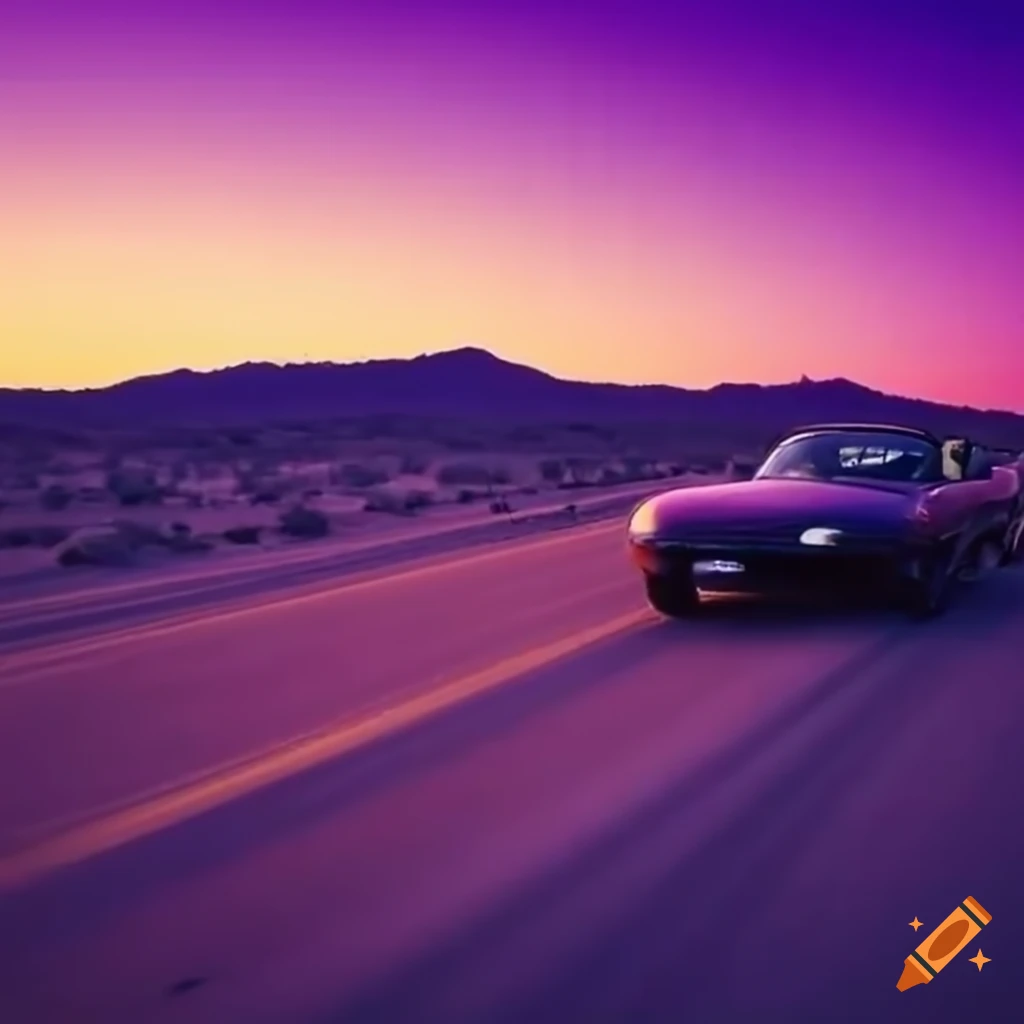 A retro 80s image of a 1990 mazda miata convertible driving down a ...