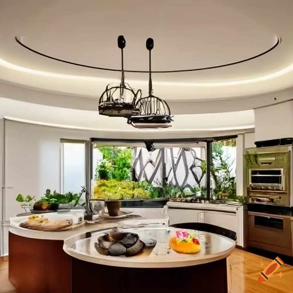 Spacious circular kitchen with garden view and modern decor