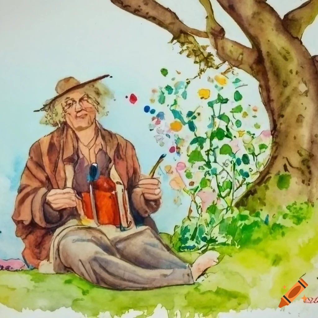 Hobo sitting in nature next to flowers and a tree watercolour and pencil