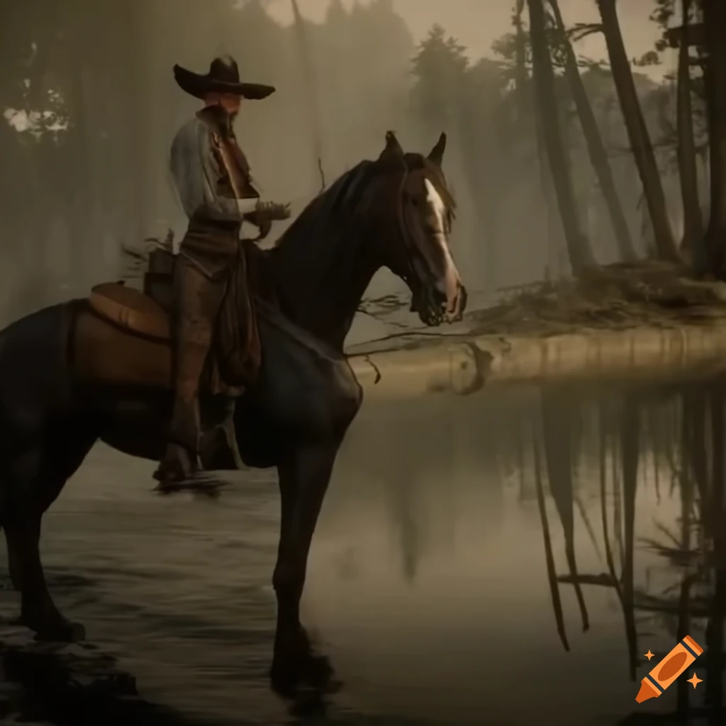 Cowboy, horse, river, water, forest, night, rdr2