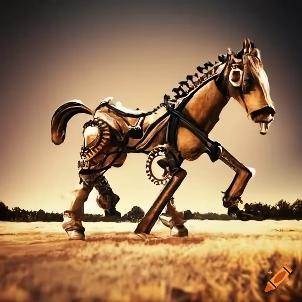 Clockwork horse walking on a dirt track by a field on Craiyon