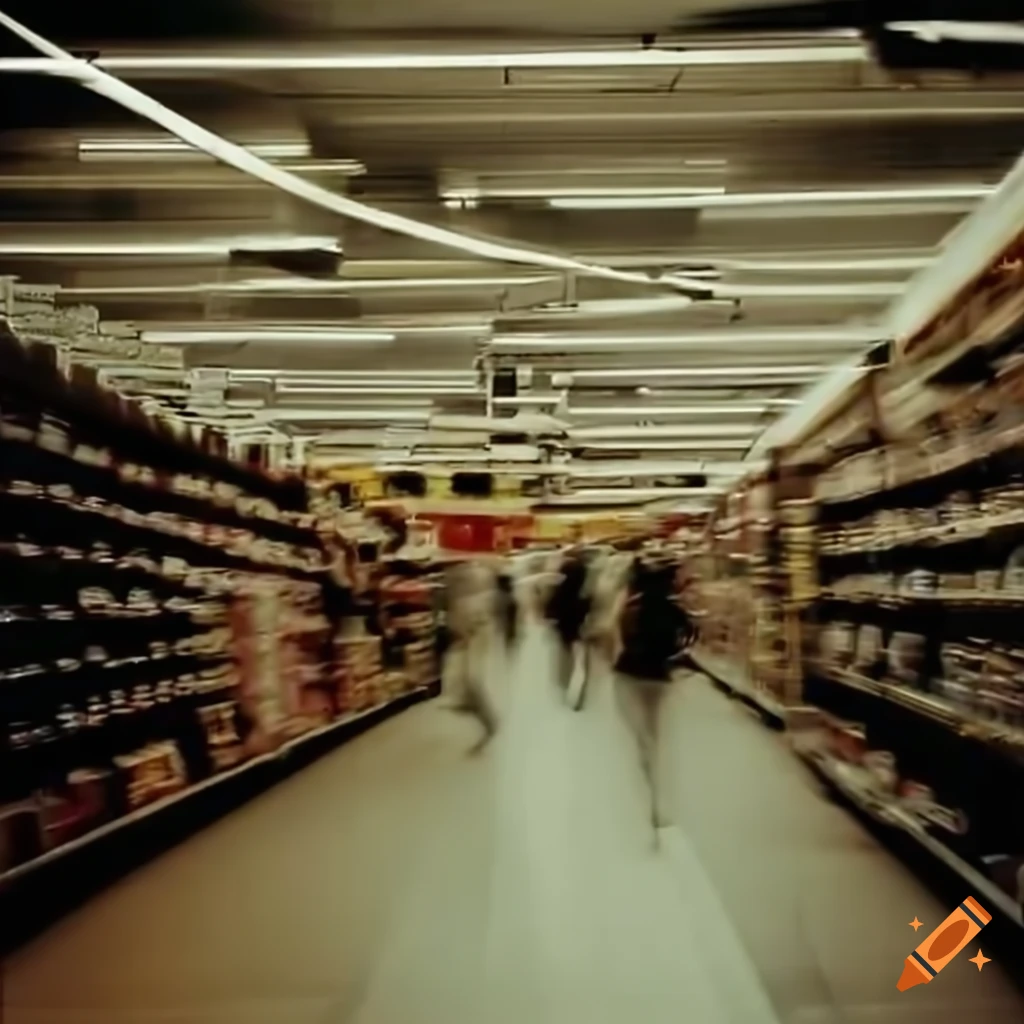 An early 2000s stater bros grocery store with warm lighting with motion ...
