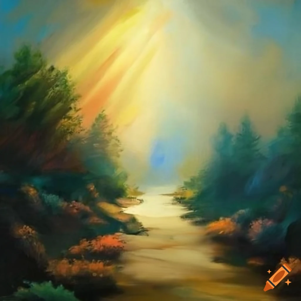Oil painting depicting a pathway to heaven