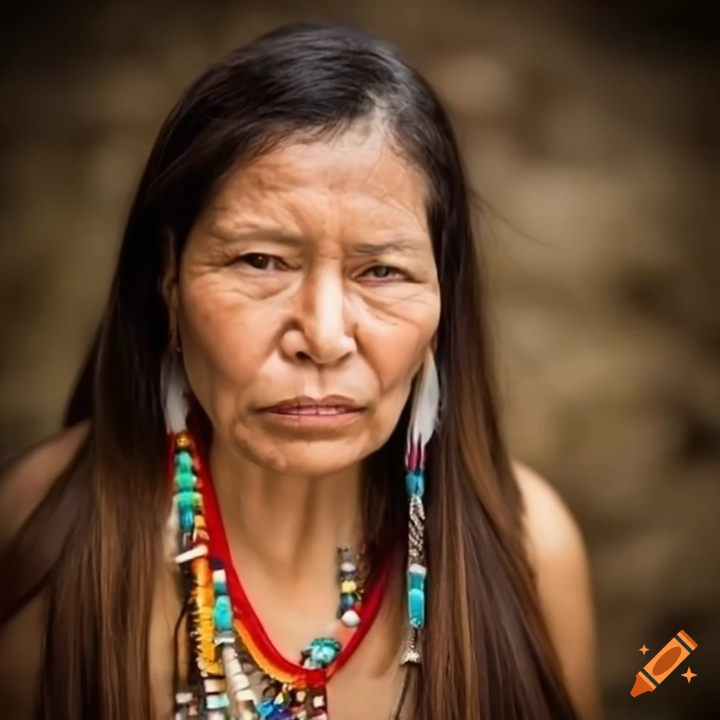 Portrait of a woman with native american features and friendly gaze on ...