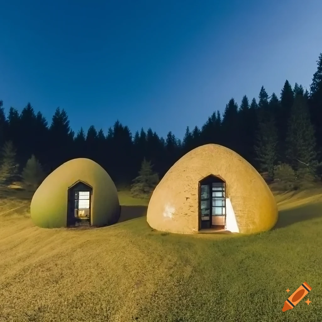 Wide shot of multi-colored concrete egg-shaped houses, in a vast hilly ...