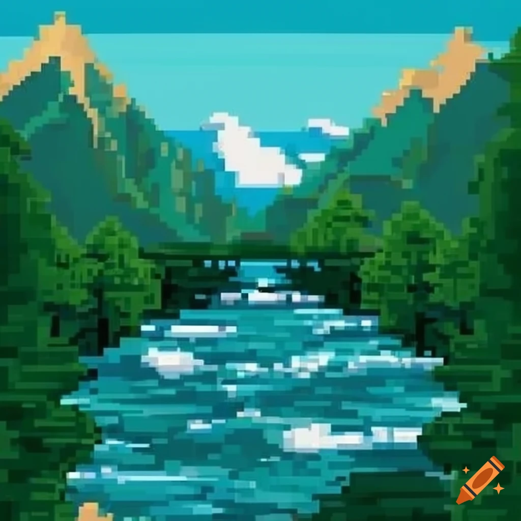 Flowing river though green mountains pixel art