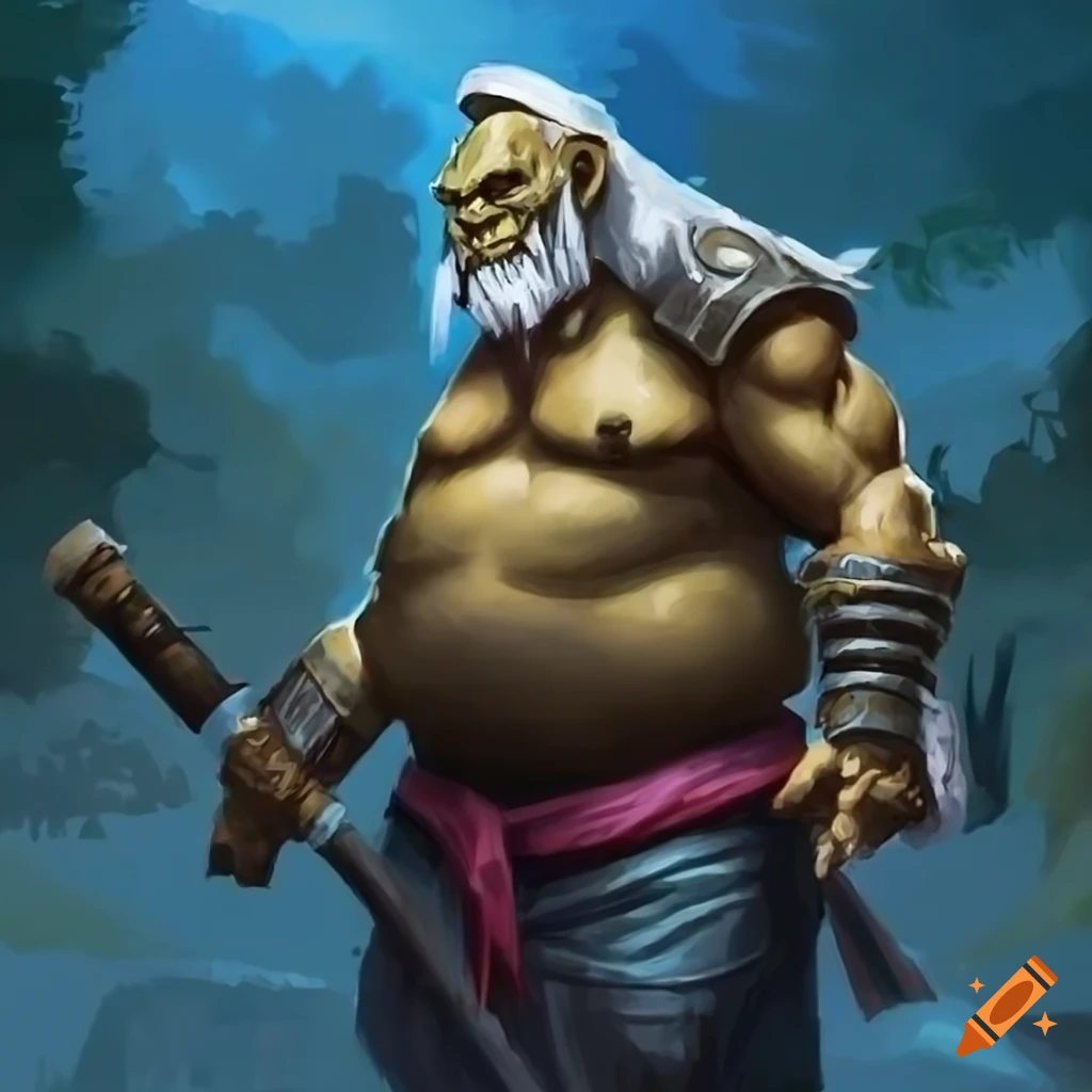 Fat elderly Asian orc warrior with a long white beard wearing a ...