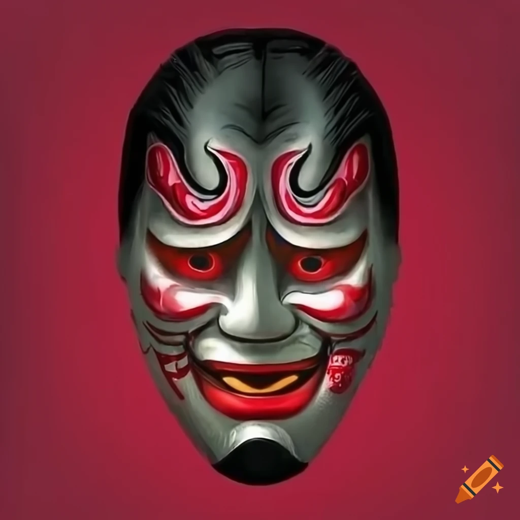 A traditional japanese mask, red and black, with serious expression
