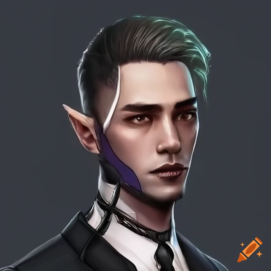 Elven android business man executive, cyberpunk hairstyle on Craiyon