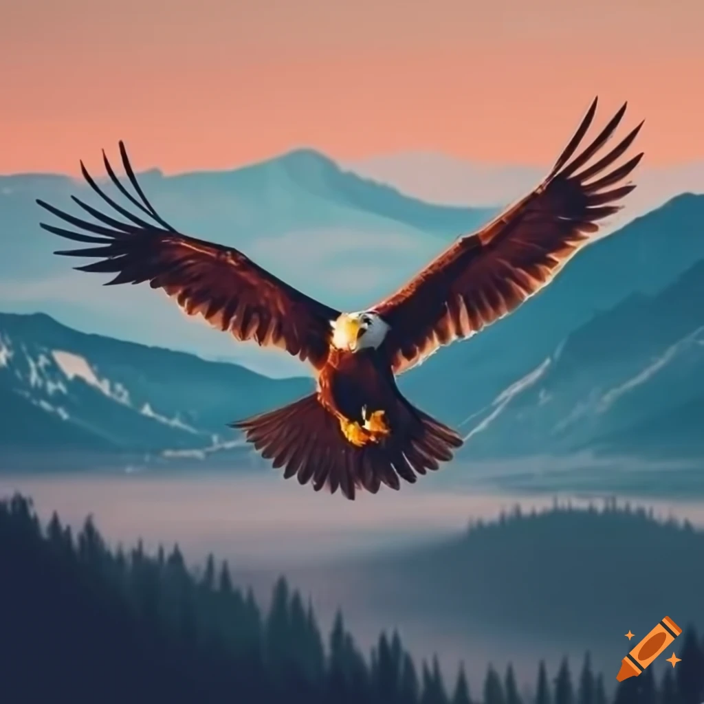 Mighty eagle flying above a mountain top, scandinavian summer vibes ...