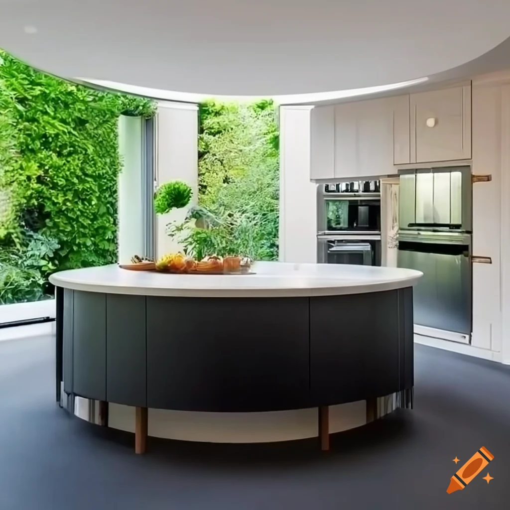 A circular modern open kitchen with furnitures, a black carpet and a ...