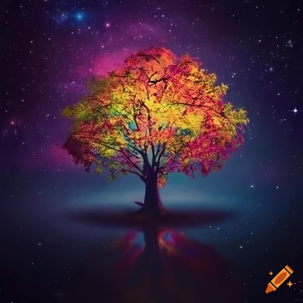 A tree standing in outer space with rainbow leaves with stars around ...