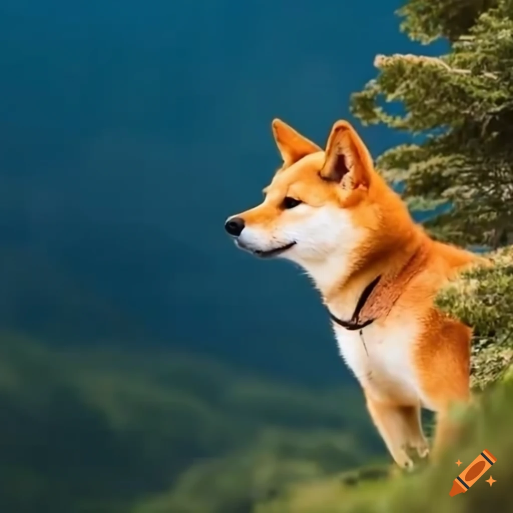 Shiba inu climbing tree in the mountains on Craiyon