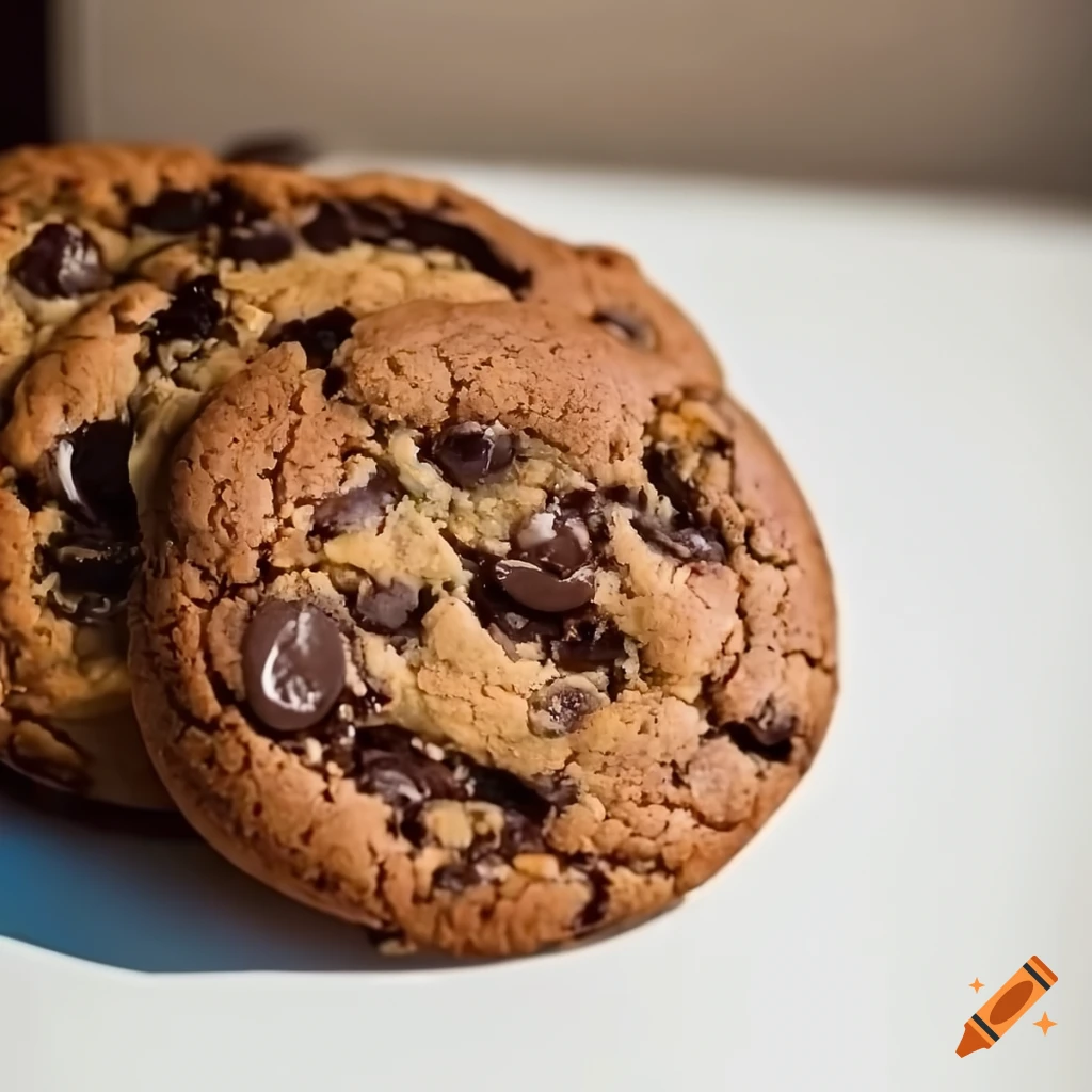 Extra large chocolate chunk cookie on a white counter in a cafe lit by ...