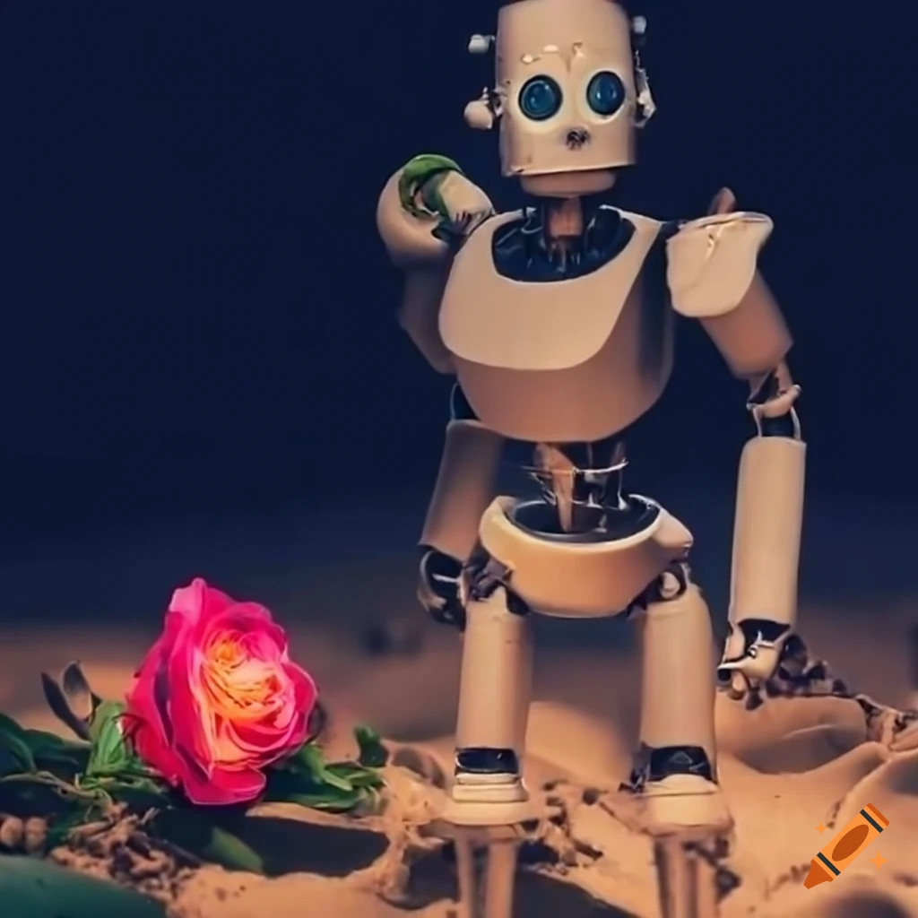 Mechanical entity robot walking on the sand next to tea roses in ...