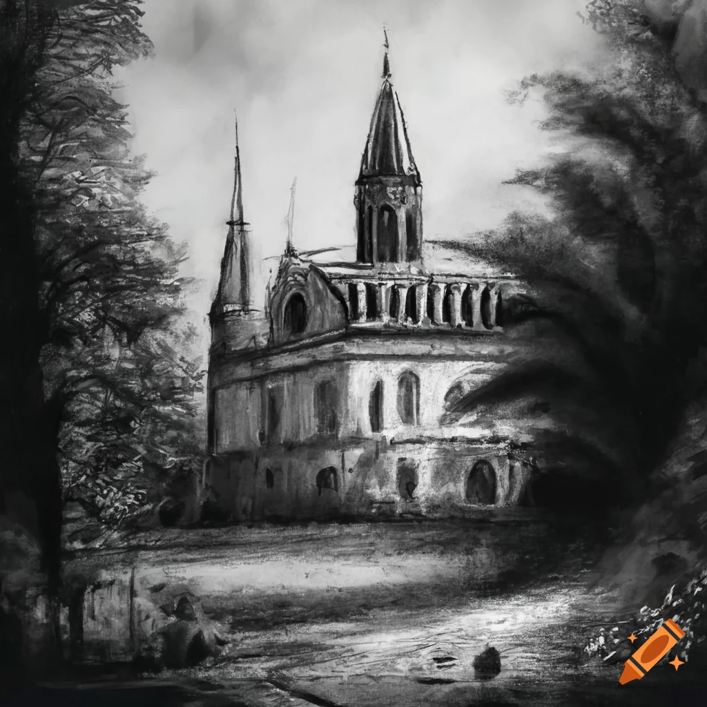 Catholic monastery surrounded by gardens with 3 monks in the distance ...