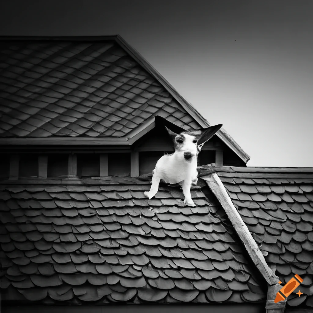 A dog siting on a house roof