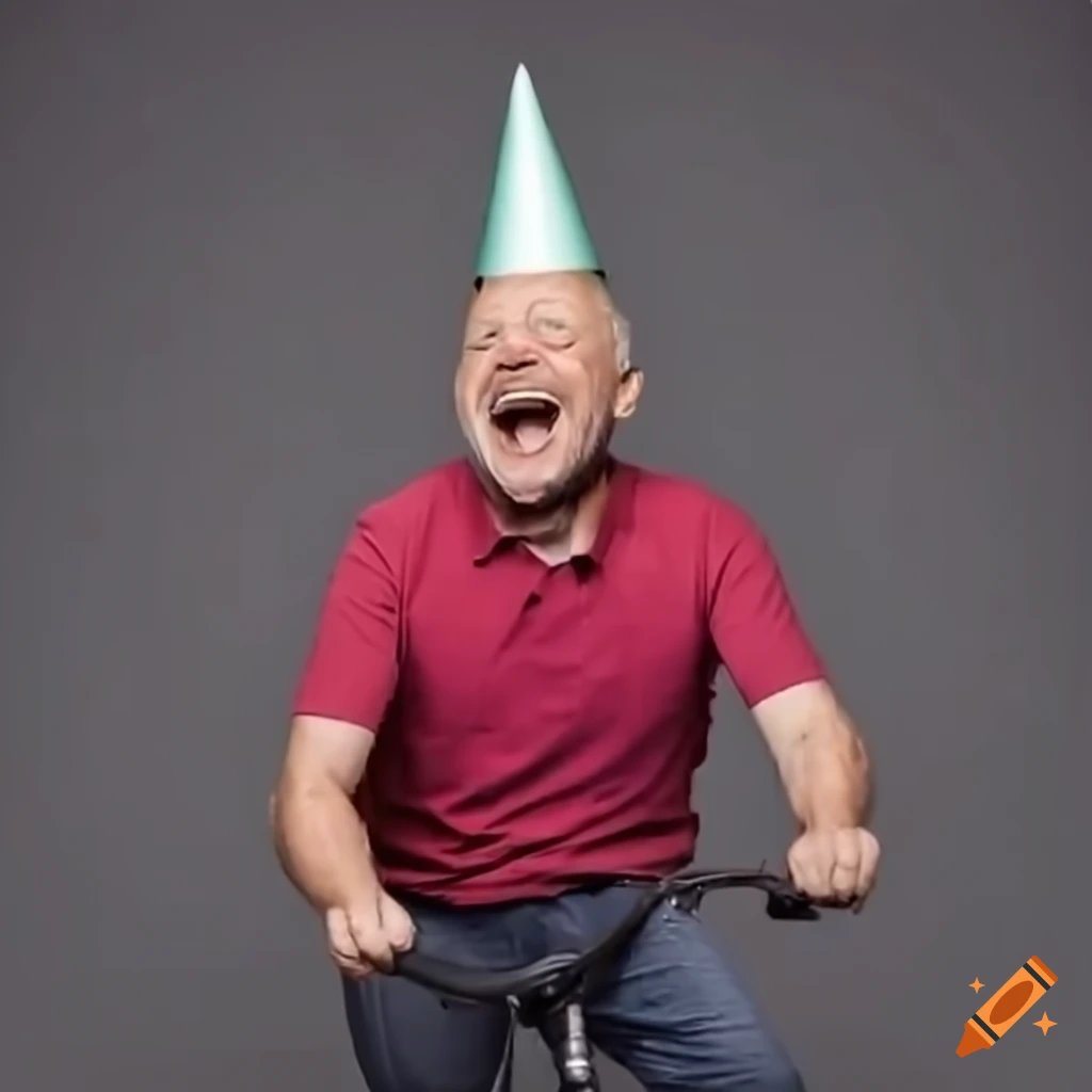 A cheerful middle aged bald man wearing a birthday hat riding a bike ...