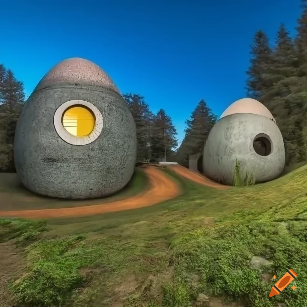 Wide shot of multi-colored concrete egg-shaped houses, in a vast hilly ...