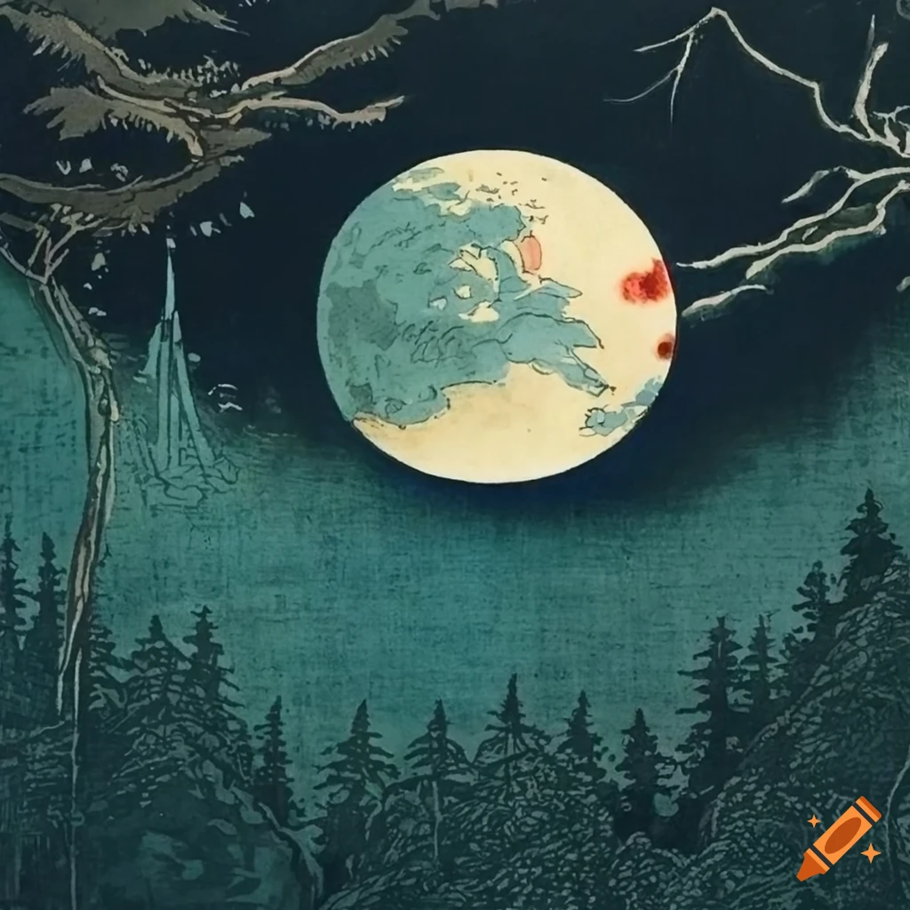 Japanese woodblock art print forest with moon on Craiyon