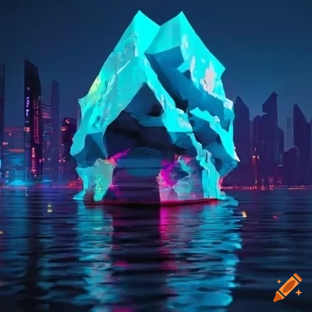 Cyberpunk iceberg coding art with neon colors