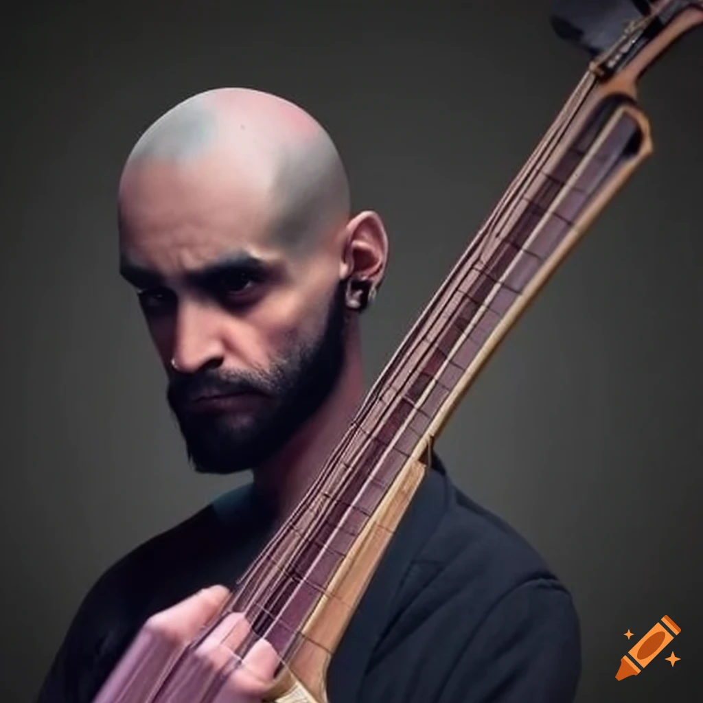 A bass player with black hair, shaved head, and a beard on Craiyon