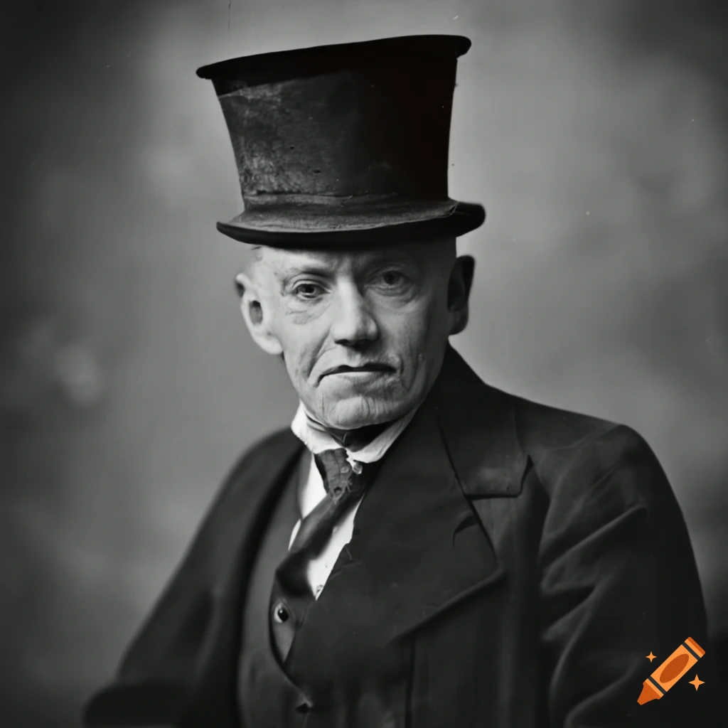 Vintage portrait of a tramp in a ragged top hat
