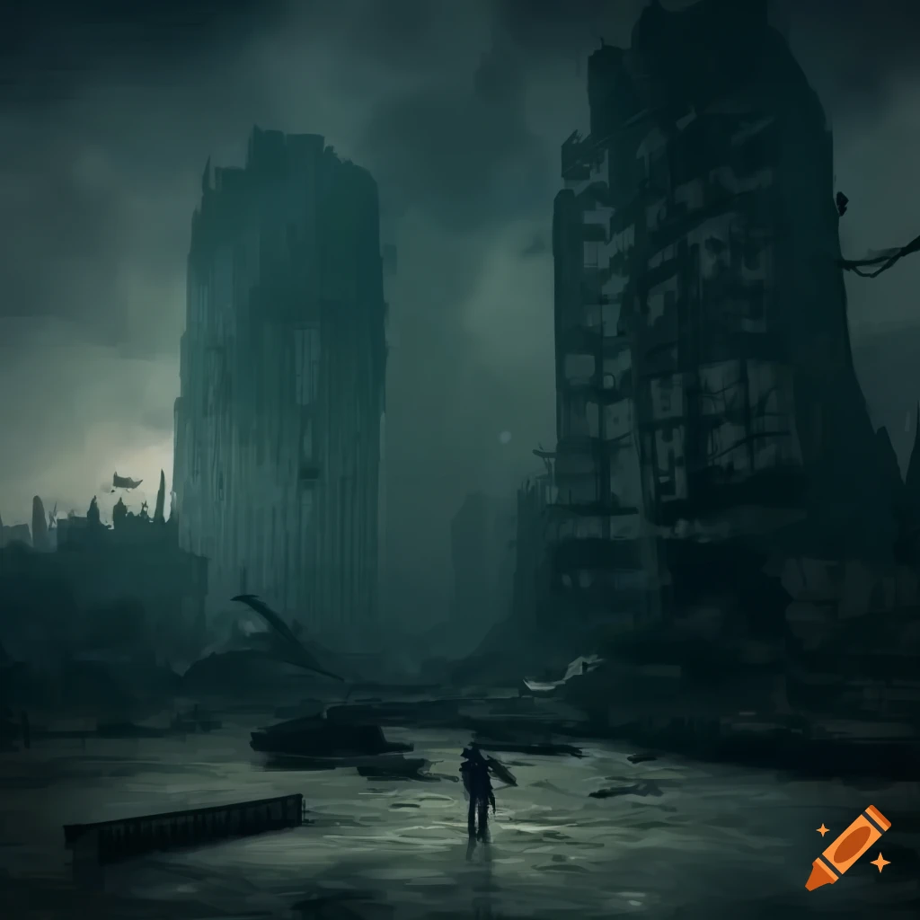 /imagine scene="post-apocalyptic cityscape" style="fractal vegetation" elements="crumbling ...