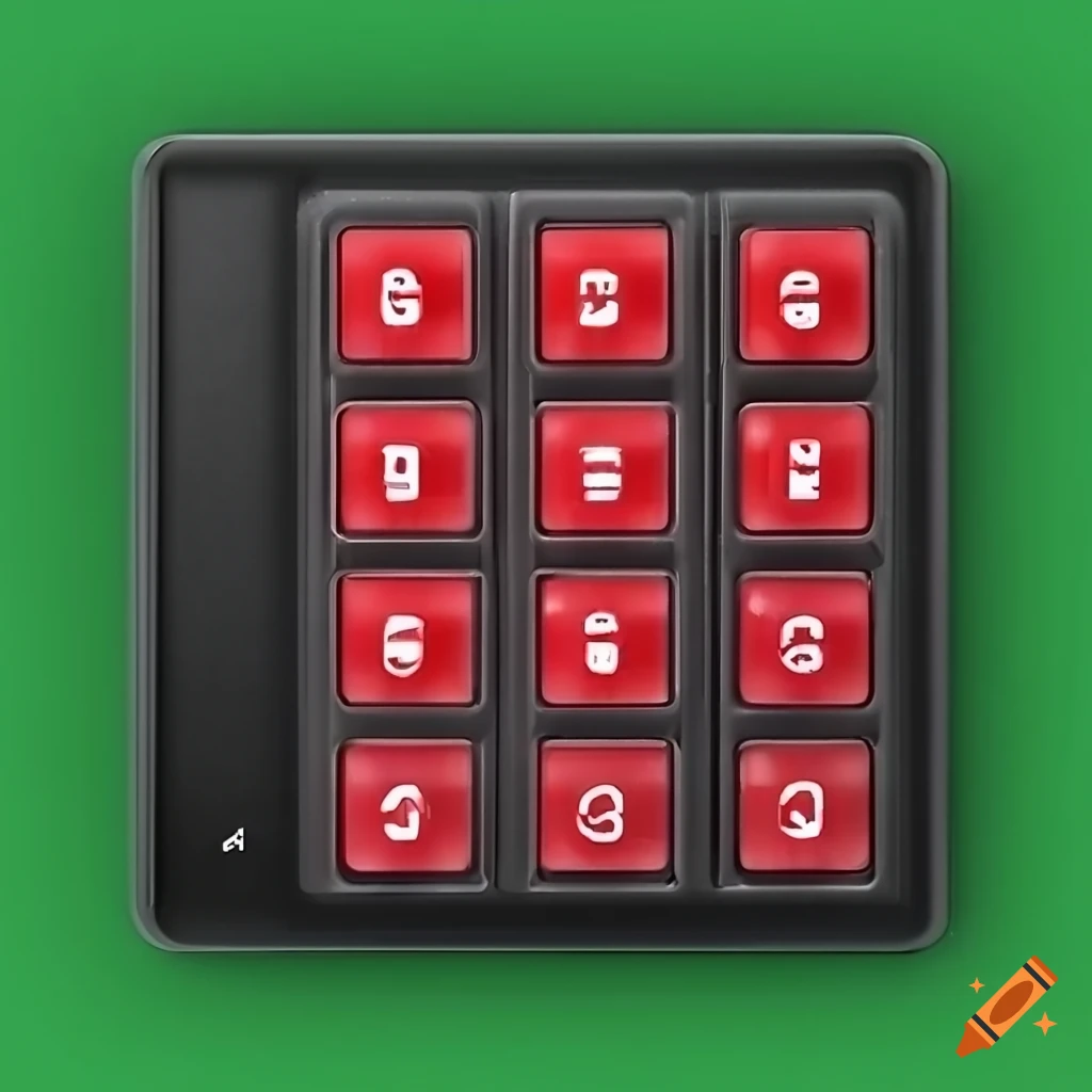 Keypad with 9 red buttons and a green one on wall on Craiyon
