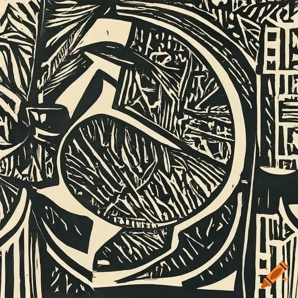 A detailed woodcut print with bold lines and intricate details, high ...