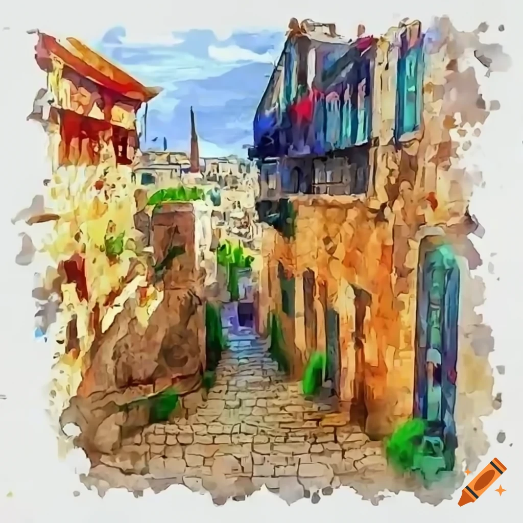 Jerusalem cityscape with ancient buildings, stairs and narrow streets