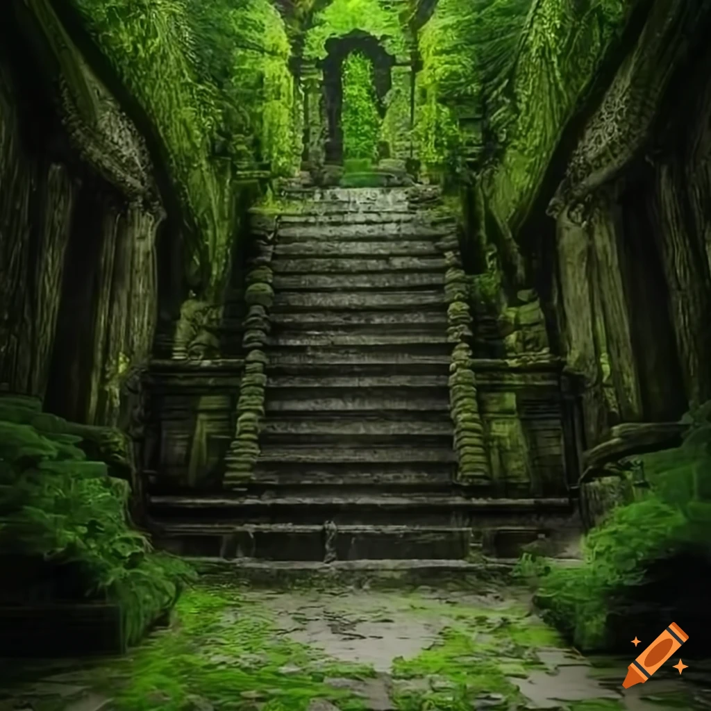 Ruined temple overgrown by lush greenery