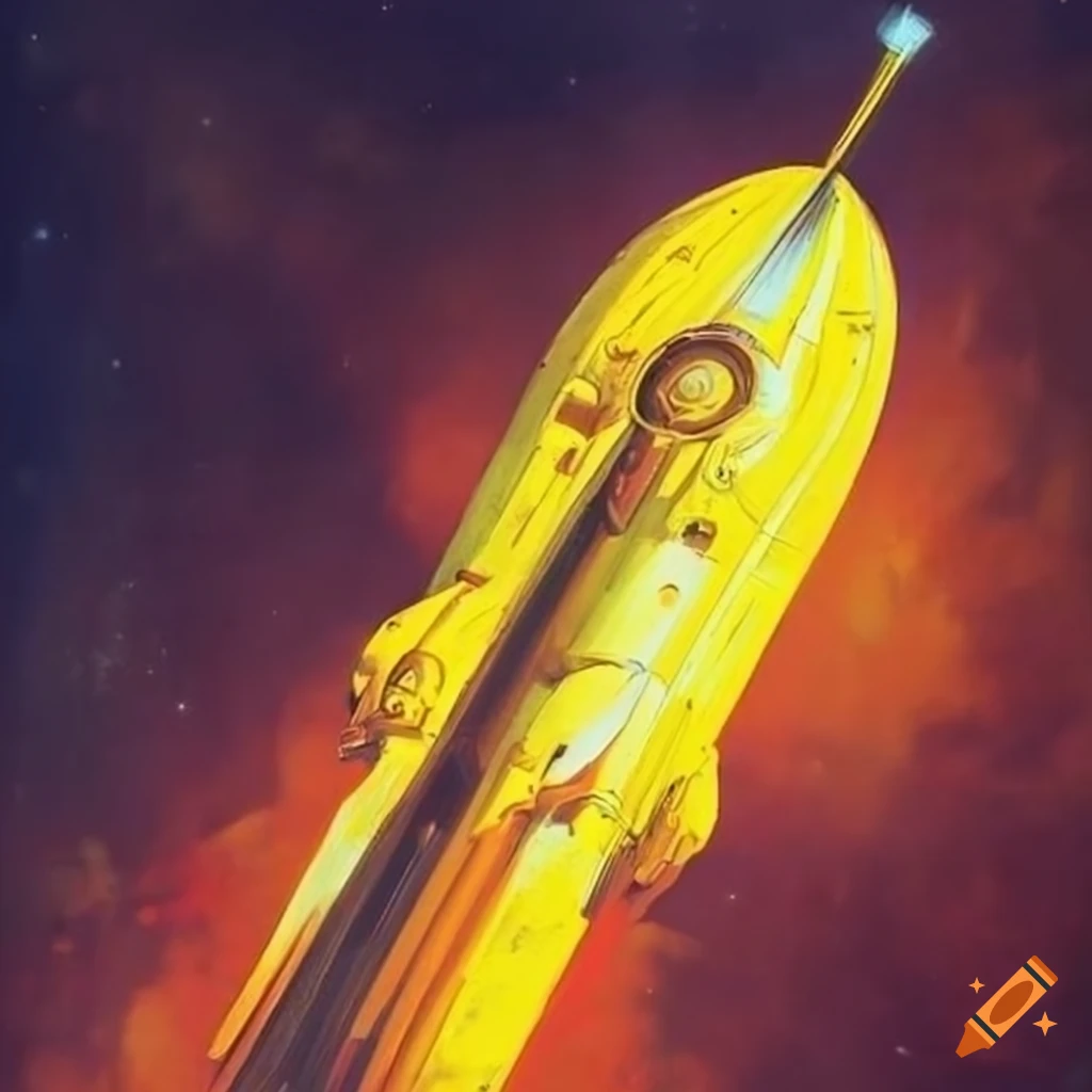 70s sci fi yellow spaceship art on Craiyon
